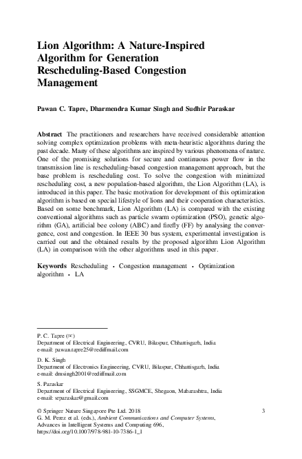 (PDF) Lion Algorithm: A Nature-Inspired Algorithm for Generation Rescheduling-Based Congestion ...