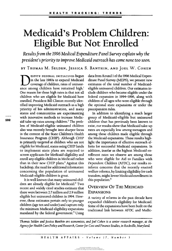 (PDF) Medicaid's Problem Children: Eligible But Not Enrolled