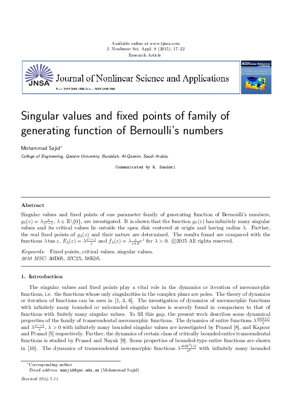 (PDF) Singular values and fixed points of family of generating function of Bernoullis numbers