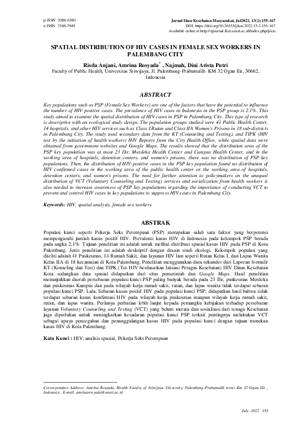 Pdf Spatial Distribution Of Hiv Cases In Female Sex Workers In Palembang City