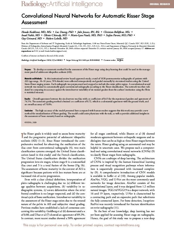 (PDF) Automatic Risser Stage Assessment Using CNNs in AIS