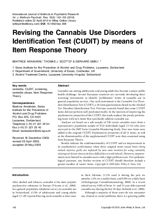 (PDF) Revising the Cannabis Use Disorders Identification Test (CUDIT ...