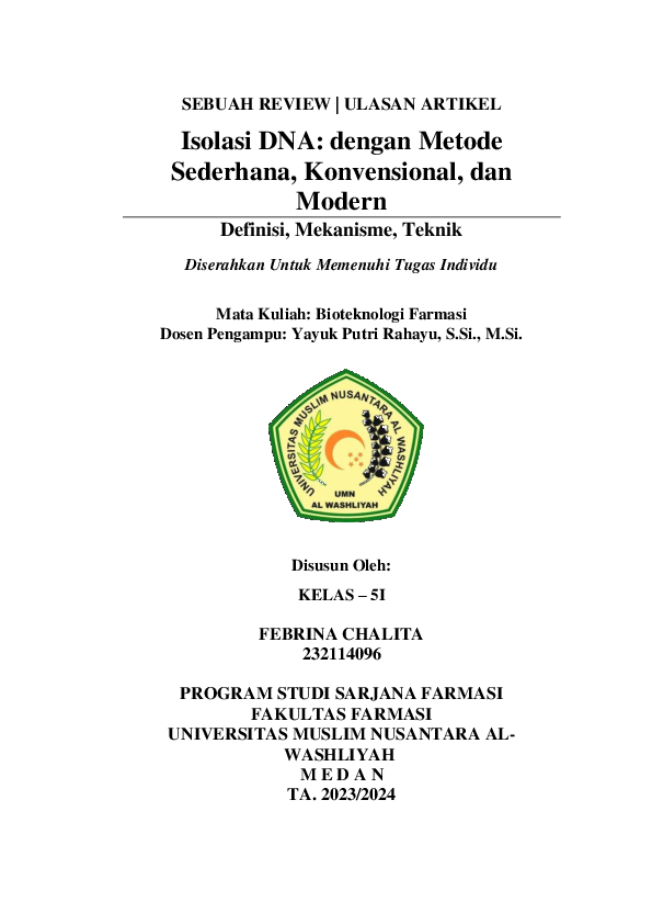 (PDF) Isolasi DNA: dengan Metode Sederhana, Konvensional, dan Modern