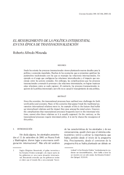(PDF) El Resurgimiento De La Pol tica Interestatal en Una poca De Transnacionalizaci n