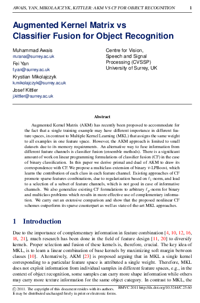 (PDF) Augmented Kernel Matrix vs Classifier Fusion for Object Recognition | Muhammad Awais ...