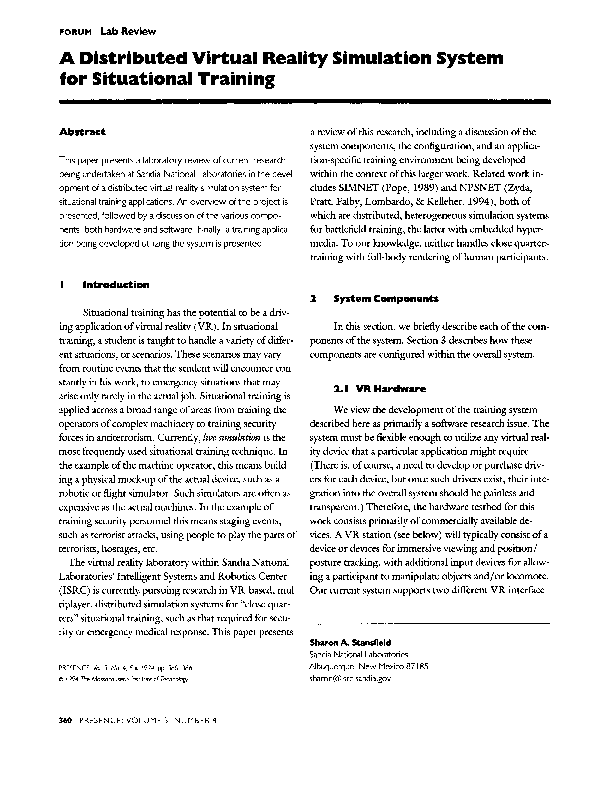 (PDF) A Distributed Virtual Reality Simulation System for Situational ...