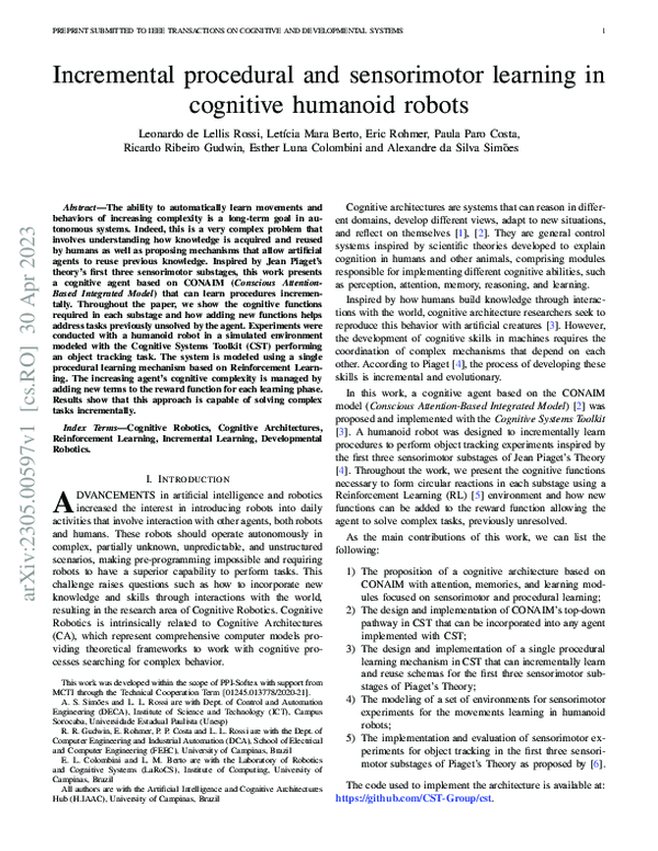 (PDF) Incremental procedural and sensorimotor learning in cognitive humanoid robots