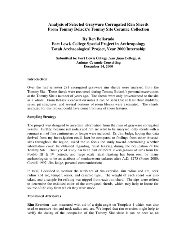 (PDF) Analysis of Selected Grayware Corrugated Rim Sherds From Tommy ...