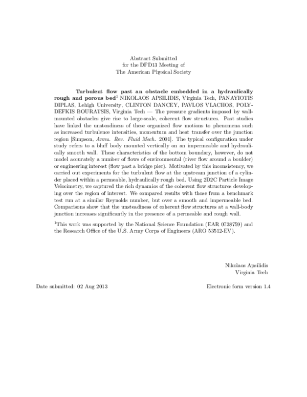 (PDF) Turbulent flow past an obstacle embedded in a hydraulically rough and porous bed | Panos ...