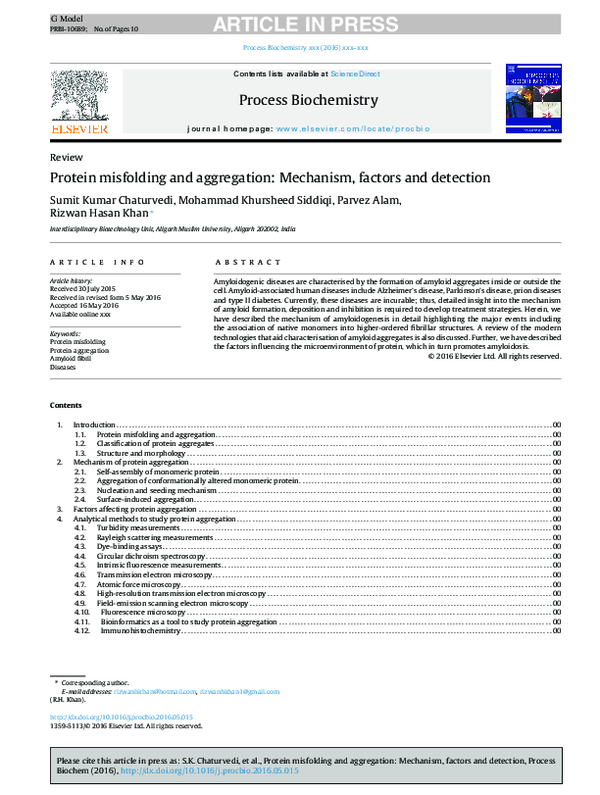 (PDF) Protein misfolding and aggregation: Mechanism, factors and detection