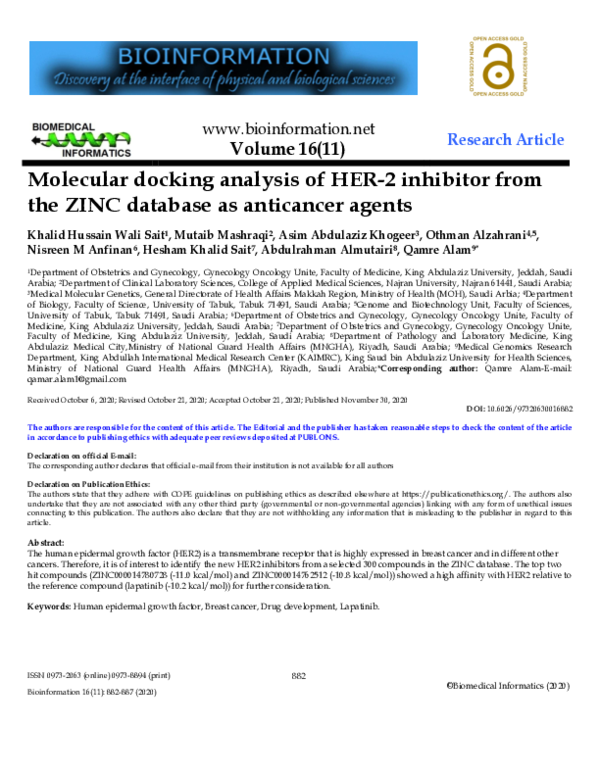 (PDF) Molecular docking analysis of HER-2 inhibitor from the ZINC database as anticancer agents