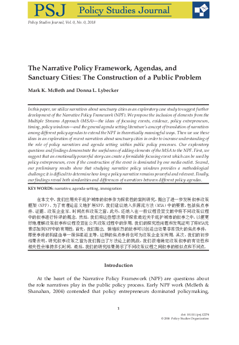 (PDF) The Narrative Policy Framework, Agendas, and Sanctuary Cities: The Construction of a ...