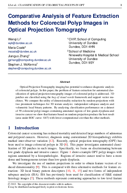 (PDF) Classification of colorectal polyp regions in optical projection tomography