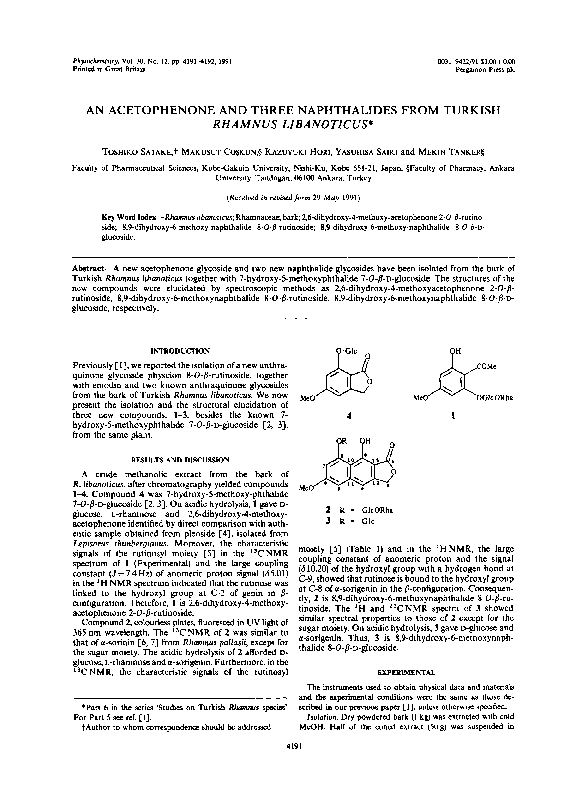 (PDF) An acetophenone and three naphthalides from turkish Rhamnus libanoticus | Maksut Coşkun ...