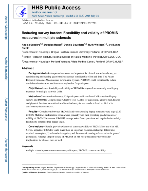 (PDF) Reducing survey burden: feasibility and validity of PROMIS measures in multiple sclerosis
