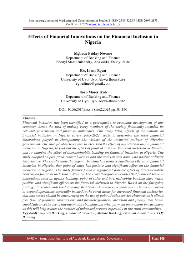 (PDF) EFFECTS OF FINANCIAL INNOVATIONS ON THE FINANCIAL INCLUSION IN ...