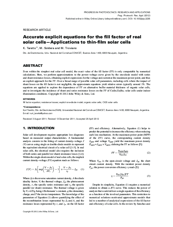(PDF) Accurate explicit equations for the fill factor of real solar ...