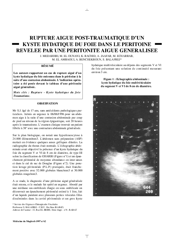 (PDF) Rupture Aigue Post-Traumatique D'Un Kyste Hydatique Du Foie Dans ...