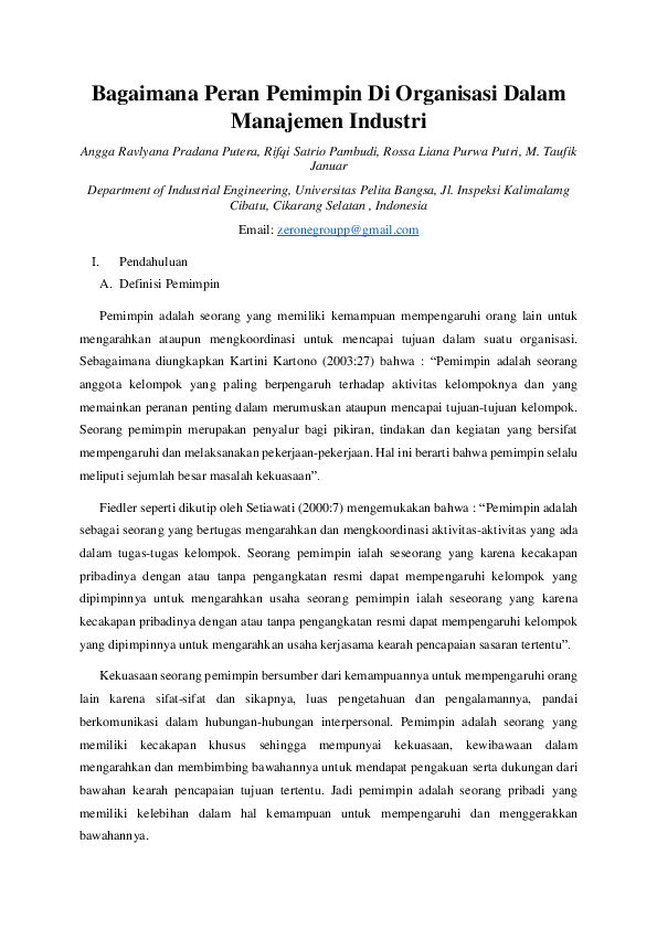 (PDF) Bagaimana Peran Pemimpin Di Organisasi Dalam Manajemen Industri