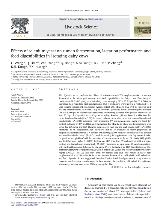 (PDF) Effects of selenium yeast on rumen fermentation, lactation performance and feed ...
