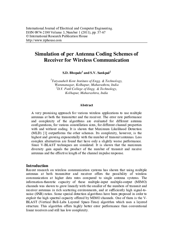 Pdf Simulation Of Per Antenna Coding Schemes Of Receiver For Wireless Communication