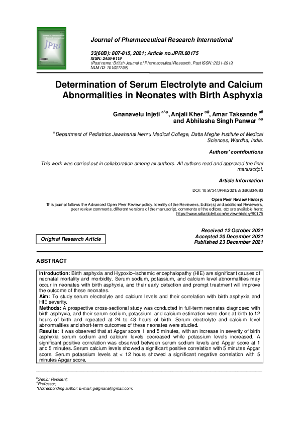 (PDF) Determination of Serum Electrolyte and Calcium Abnormalities in ...