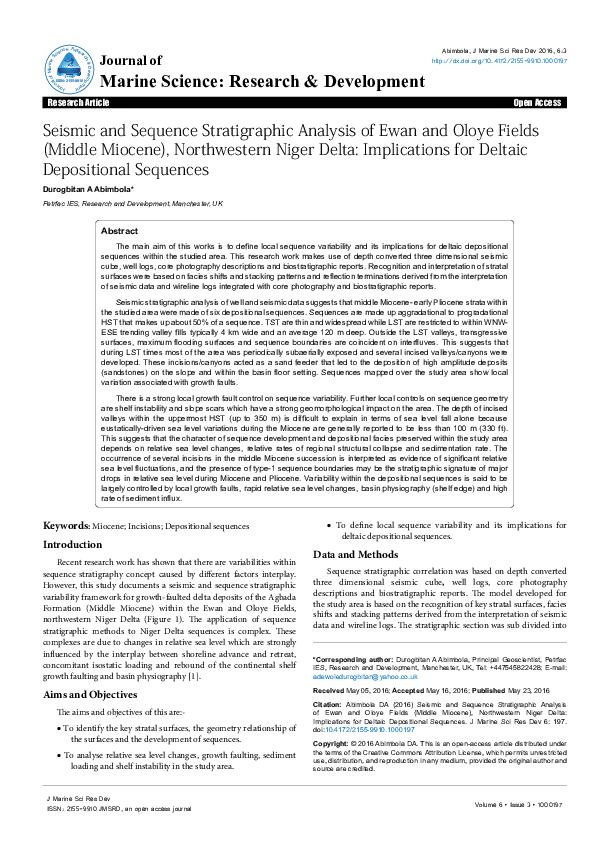 (PDF) Seismic and Sequence Stratigraphic Analysis of Ewan and Oloye Fields (Middle Miocene ...