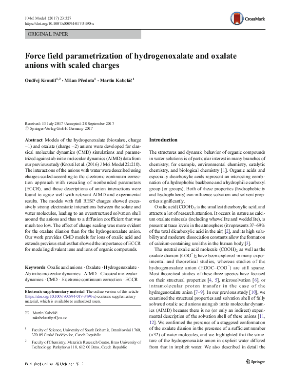 (PDF) Force field parametrization of hydrogenoxalate and oxalate anions with scaled charges