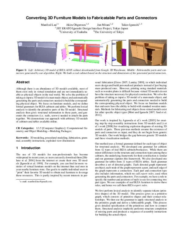 (PDF) Converting 3D furniture models to fabricatable parts and connectors