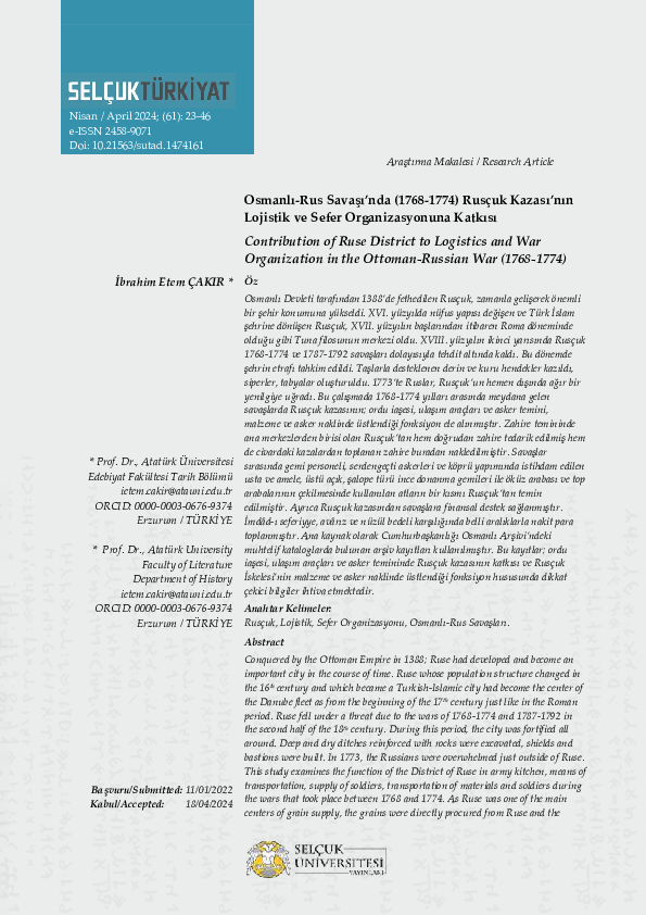 (PDF) Osmanlı-Rus Savaşı'nda (1768-1774) Rusçuk Kazası'nın Lojistik ve ...