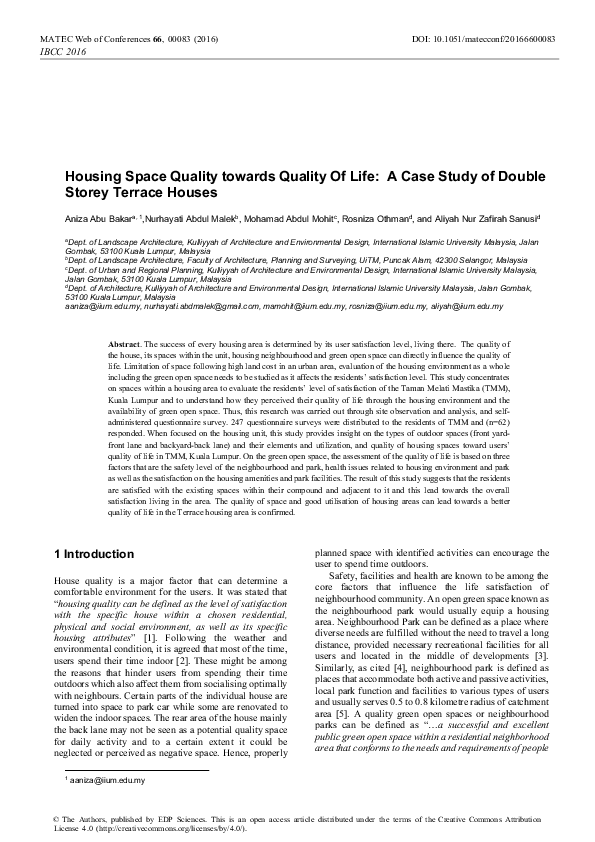 (PDF) Housing Space Quality towards Quality Of Life: A Case Study of Double Storey Terrace Houses