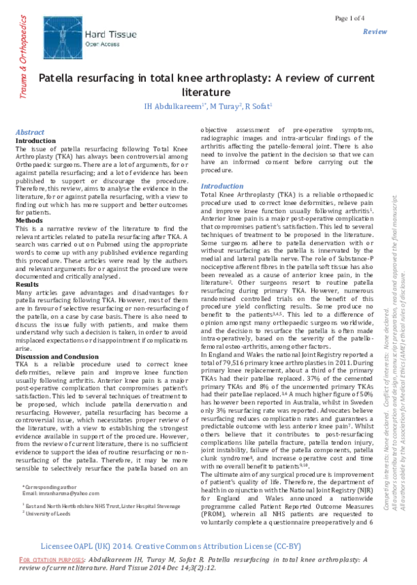 (PDF) Patella resurfacing in total knee arthroplasty: A review of ...