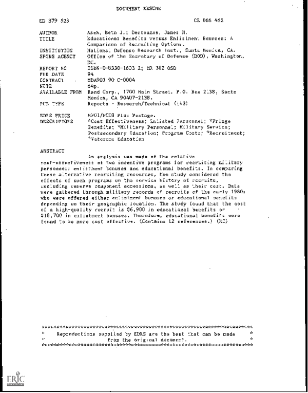 (PDF) Educational Benefits Versus Enlistment Bonuses: A Comparison of ...