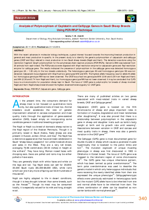 (PDF) Analysis of Polymorphism of Caplstatin and Callipyge Genes in ...