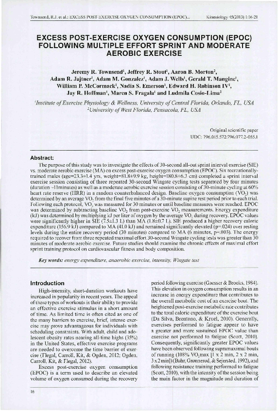 (PDF) Excess Post-Exercise Oxygen Consumption (Epoc) Following Multiple ...