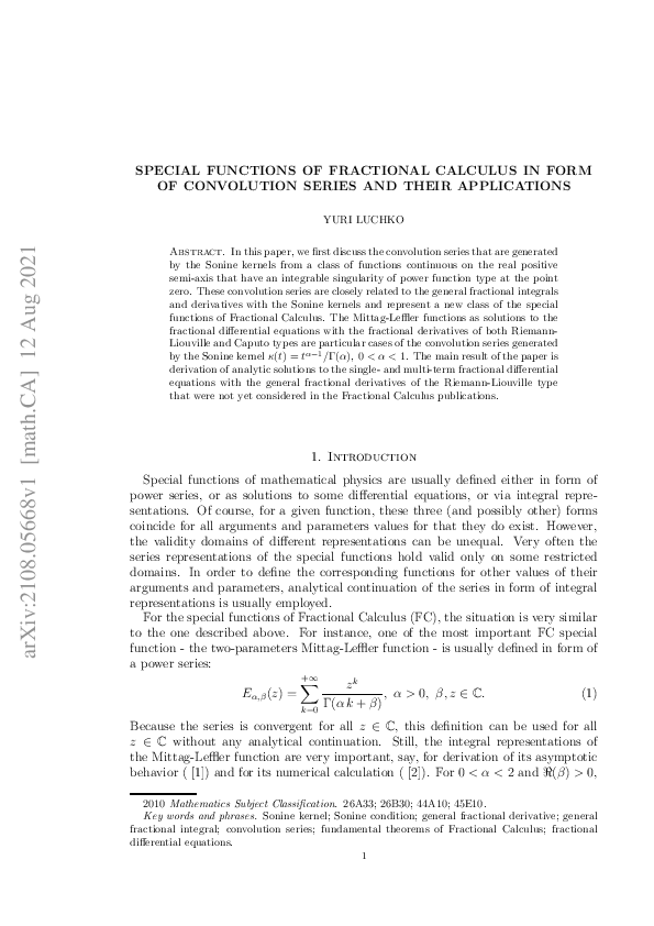 Pdf Special Functions Of Fractional Calculus In Form Of Convolution Series And Their Applications