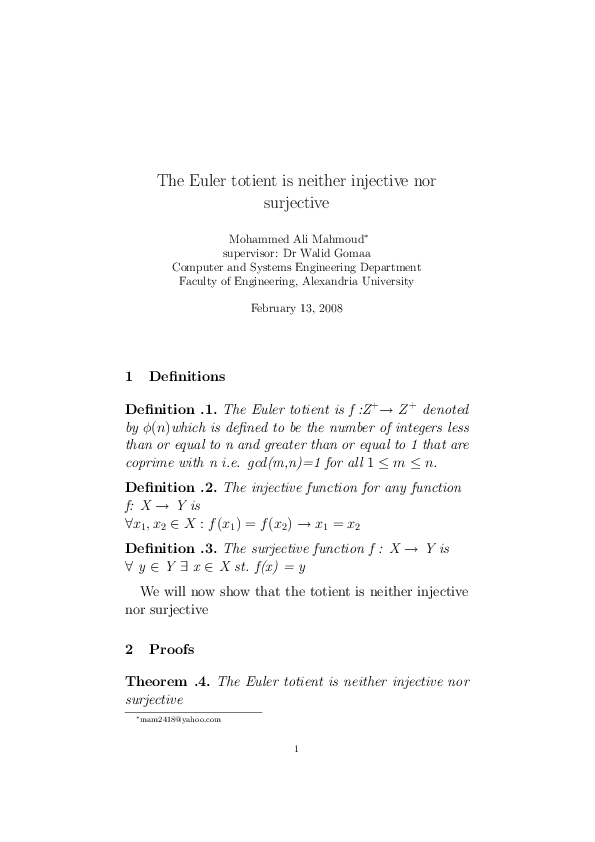 (PDF) The Euler totient is neither injective nor surjective