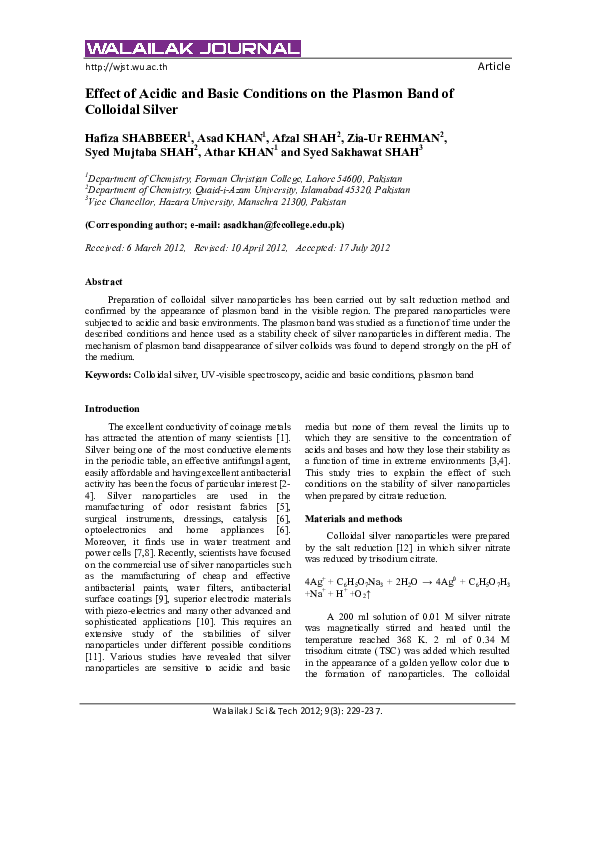 (PDF) Effect of Acidic and Basic Conditions on the Plasmon Band of Colloidal Silver | Athar Ali ...