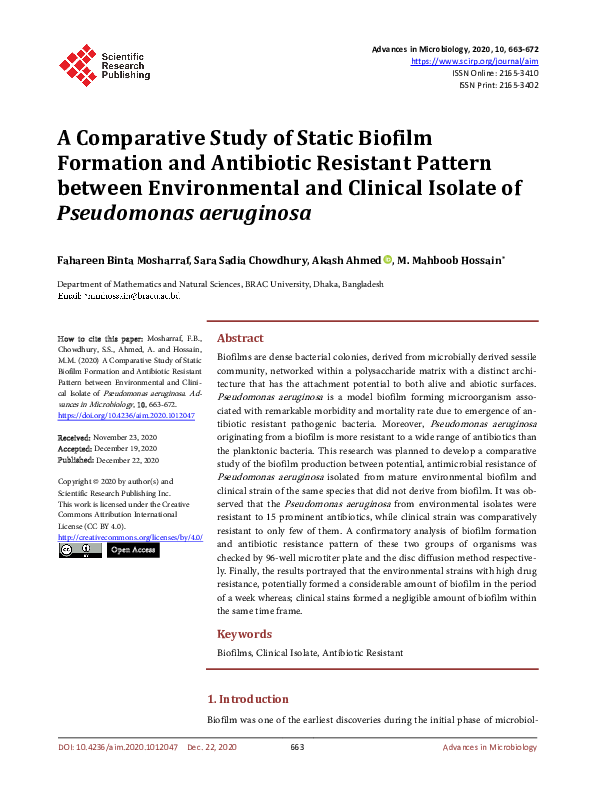 (PDF) A Comparative Study of Static Biofilm Formation and Antibiotic Resistant Pattern between ...