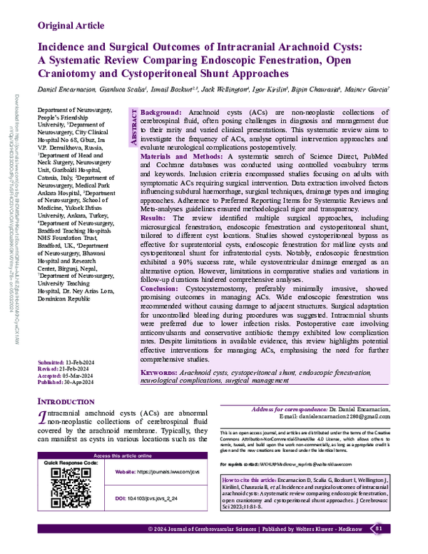 (PDF) Incidence and Surgical Outcomes of Intracranial Arachnoid Cysts: A Systematic Review ...