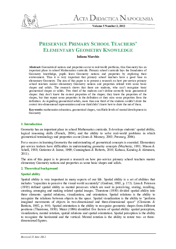 (PDF) Preservice Primary School Teachers' Elementary Geometry Knowledge