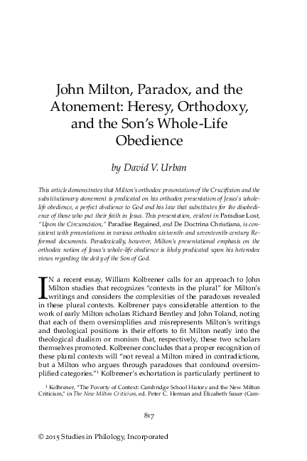 (PDF) John Milton, Paradox, and the Atonement: Heresy, Orthodoxy, and ...