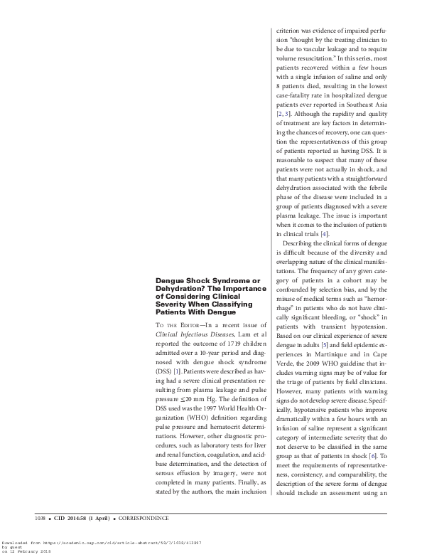 (PDF) Dengue Shock Syndrome or Dehydration? The Importance of ...