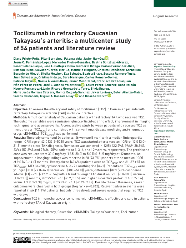 (PDF) Tocilizumab in refractory Caucasian Takayasu’s arteritis: a multicenter study of 54 ...
