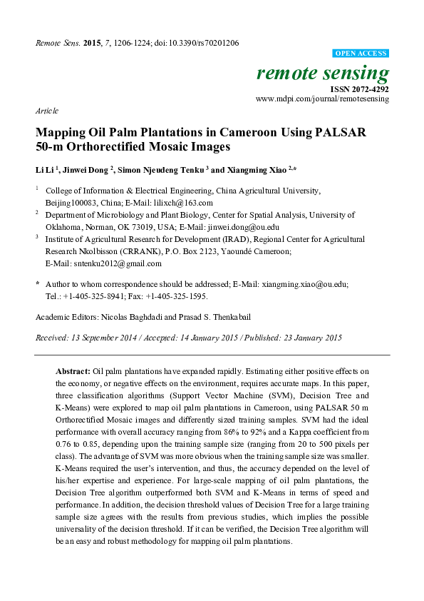 (PDF) Mapping Oil Palm Plantations in Cameroon Using PALSAR 50-m ...