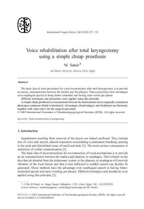 (PDF) Voice rehabilitation after total laryngectomy using a simple ...