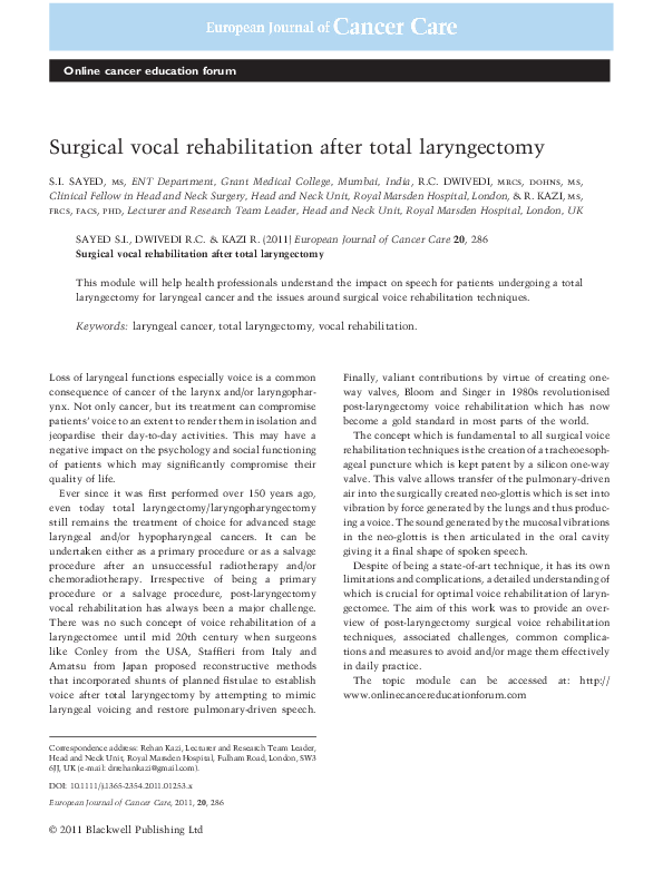 (PDF) Surgical vocal rehabilitation after total laryngectomy