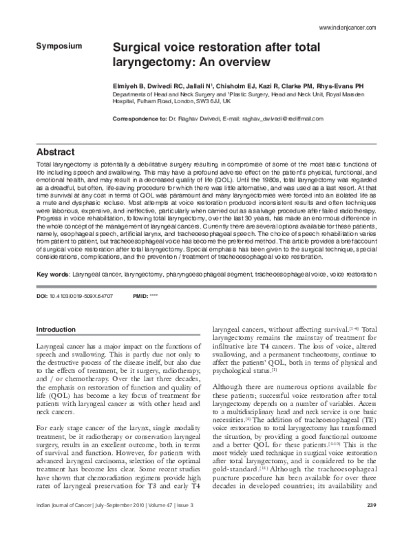 (PDF) Surgical voice restoration after total laryngectomy: An overview