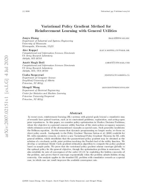 (PDF) Variational Policy Gradient Method for Reinforcement Learning ...