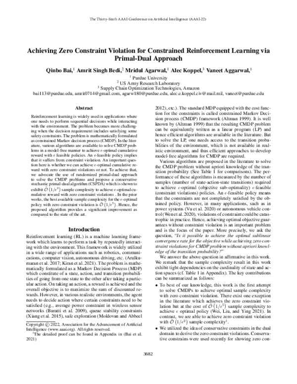 Pdf Achieving Zero Constraint Violation For Constrained Reinforcement Learning Via Primal Dual